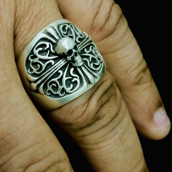 Cross Skull Ring, Sterling Silver Skull Ring, Carved Skull Ring ...