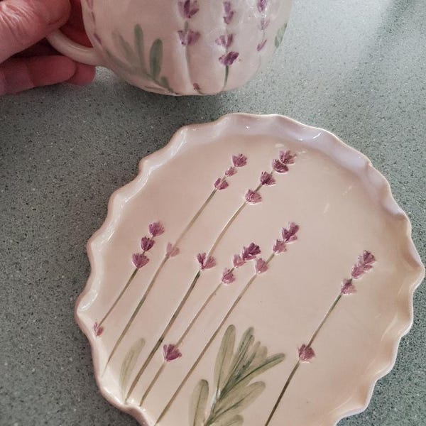 Ceramic Cup and Plate With Lavender Imprint. Pottery Lavender Set. - Etsy