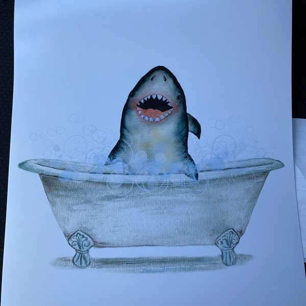 Baby Shark in a Bathtub Print, Bathroom Art PRINTABLE, Shark Taking a ...