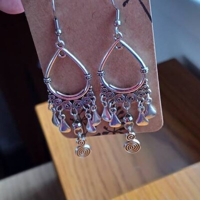 Large Boho Silver Earrings, Hoops, Indian Agate, Bead Drop, Green ...