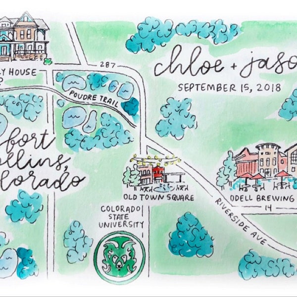5x7 Custom Hand Painted Watercolor Illustrated Map for a Wedding ...