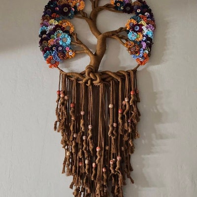 Large Tree of Life Macrame Wall Hanging With Flowers, Boho Wall Art ...