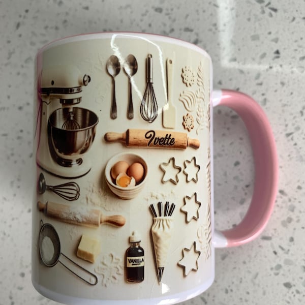 Personalized Love Baking Flat 2D Accent Mug, Bakery Accessories Ceramic ...