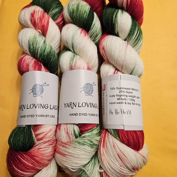 Hand Dyed Yarn, Superwash Merino Wool, Red, Green, White, Variegated ...