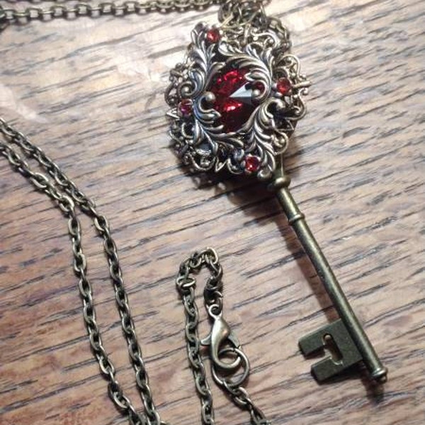 Vintage Bronze Key Necklace: Elven Floral, Scarlet Swarovski Crystal - Etsy