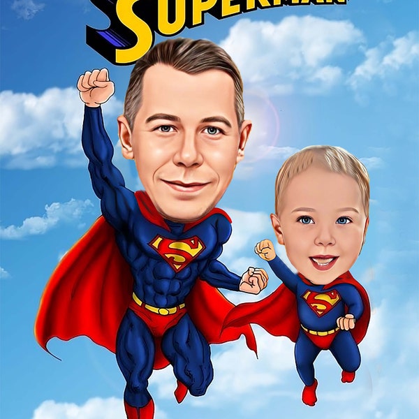 Custom Super Dad and Son Cartoon Portrait, Super Dad Portrait, Dad's ...