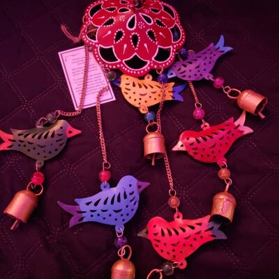 Carousel of Colorful Birds Wind Chime Wrought Iron, Hand Painted ...