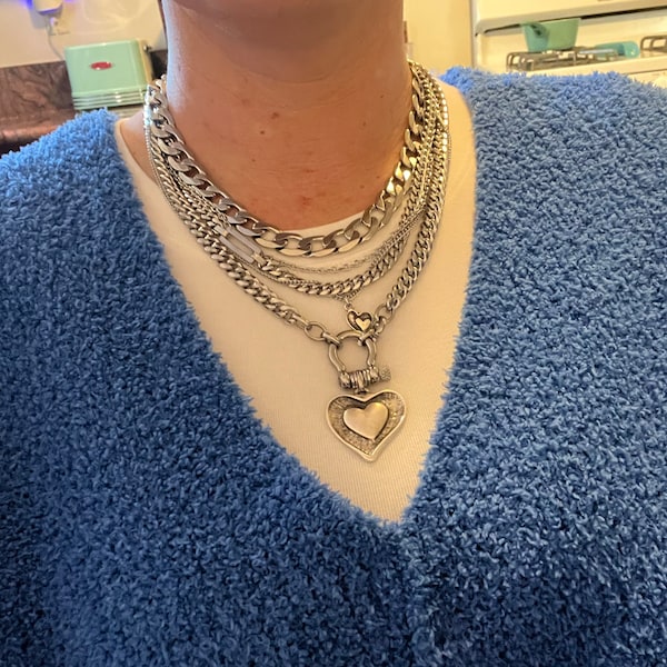 Chunky Multi Layer Silver Necklace for Women in Stainless Steel With ...