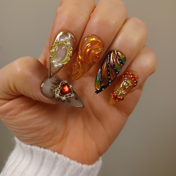 Renaissance Inspried 3D Press on Nails, Royal Theme Fake Nails Art ...