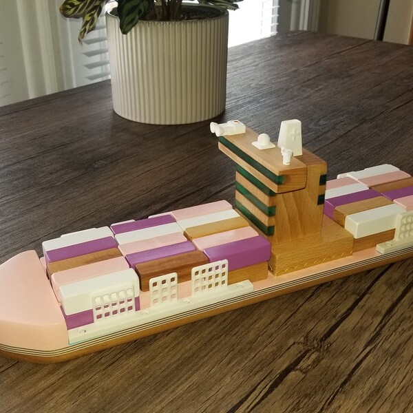 Container Wood Ship Toy, Wooden Ship Toy, Wooden Cargo Ship, Montessori ...