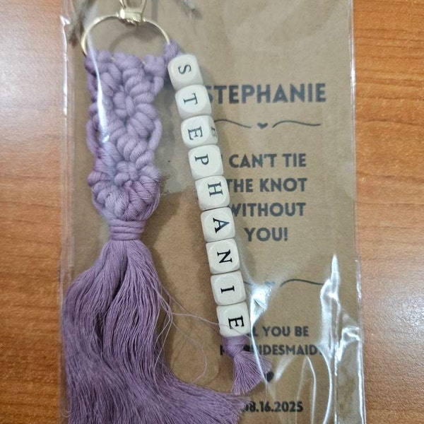 Macrame Name Keychain for Bridesmaid With Card and Flower, Custom ...