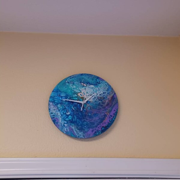 Blue Round Clock, Round Wall Clock, Round Clock, Acrylic Pour Clock ...