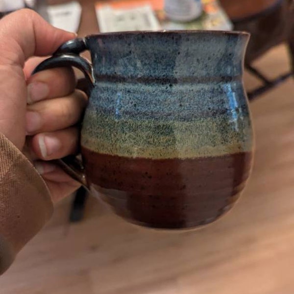 Blue and Rust Red Hand Thrown Stoneware Mug Clay Coffee Cup Thumb Rest ...