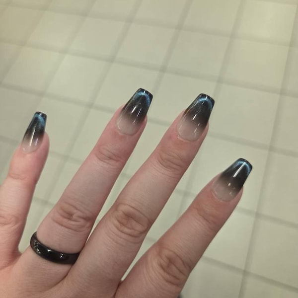 Handmade Iceland Aurora Black Gradient Blue Cat Eye Press on Nails ...
