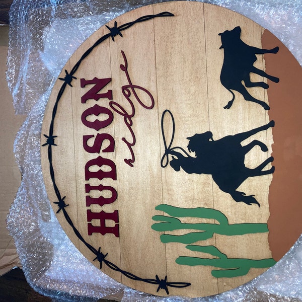 Western Cowboy Roping Calf Name Sign, Personalized Nursery Round Sign ...
