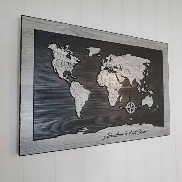 World Map Art, Carved, 3D Art, Map of World, Custom Text, Custom Map ...