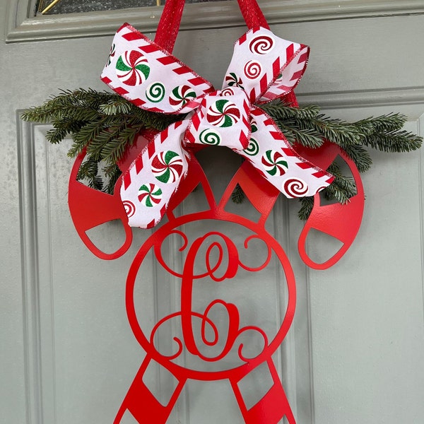 Monogram Candy Cane Metal Sign, Christmas Door Hanger, Christmas Decor ...