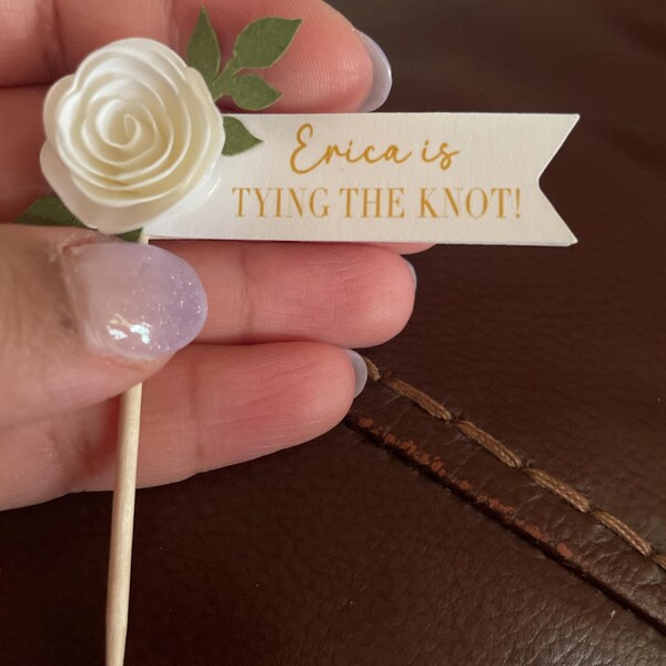 Personalized Wedding Cupcake Topper, She's Tying the Knot, Mini Flower ...