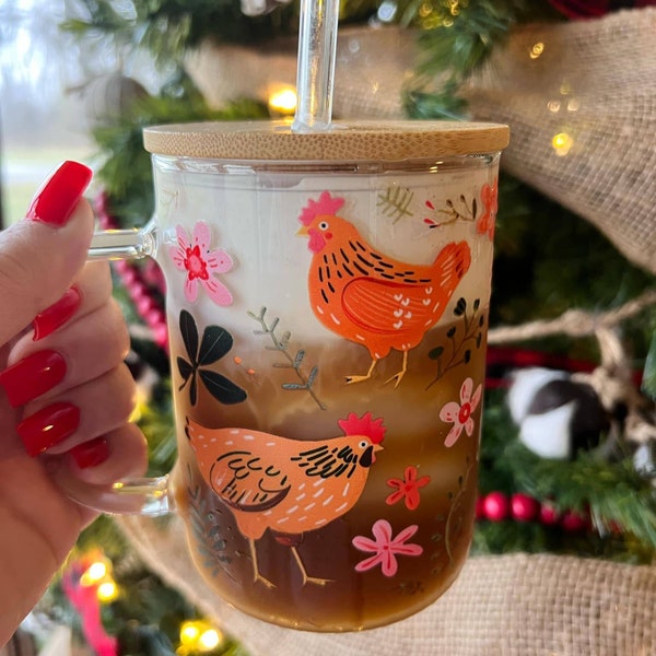 Cute Chicken Glass Cup, Chicken Gift Idea, Cottagecore Glass Cup, Farm ...