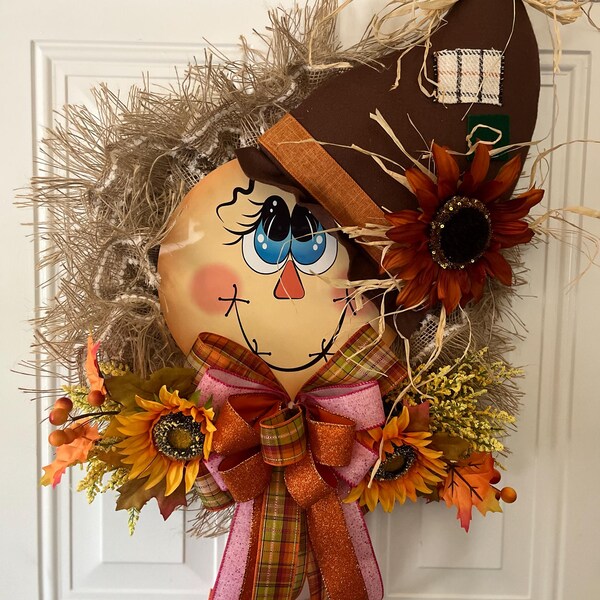 Fall Scarecrow Hat Wreath Attachment, Cute Raffia Hat Decor, Handmade ...