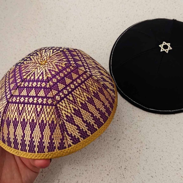 White - Gold Linen Kippah | Jewish Wedding • Bar Mitzvah • Shabbat ...