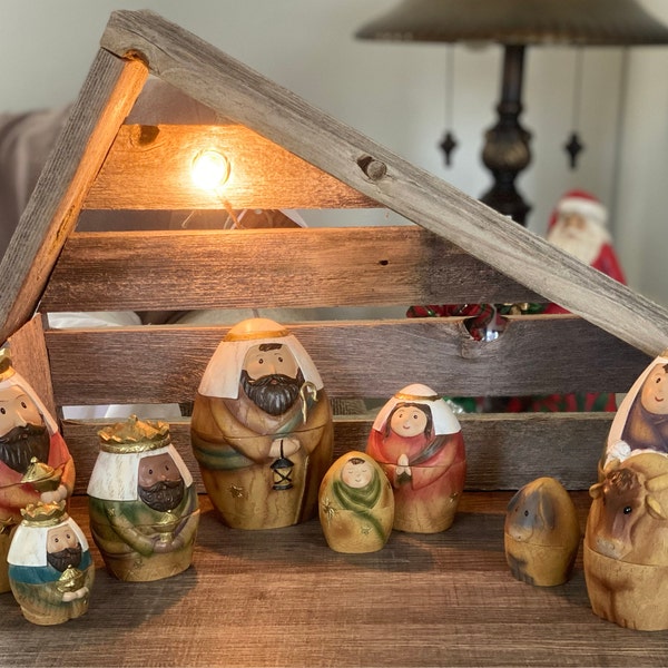 Nativity Stable Manger Rustic Lighted Handmade Wooden Crèche Reclaimed Cedar FAST FREE SHIPPING ...