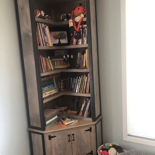 Rustic Industrial Corner Bookcase – Reclaimed Barn Wood, Metal Cabinet ...