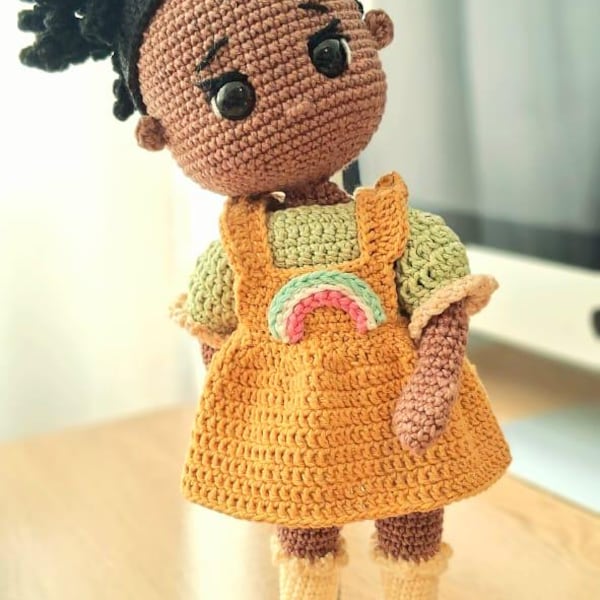 Puff Hair Crochet Girl Doll Base Pattern With Dress, Amigurumi Brown Curly Hair Crochet Doll ...