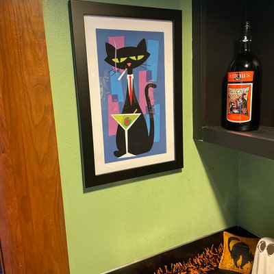 Atomic Cat Art Print, Mid Century Modern Art, Black Cat Art, Martini ...