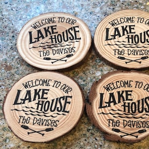 Personalized Lake House Coasters Lake House Gift Wood Slice Coasters ...
