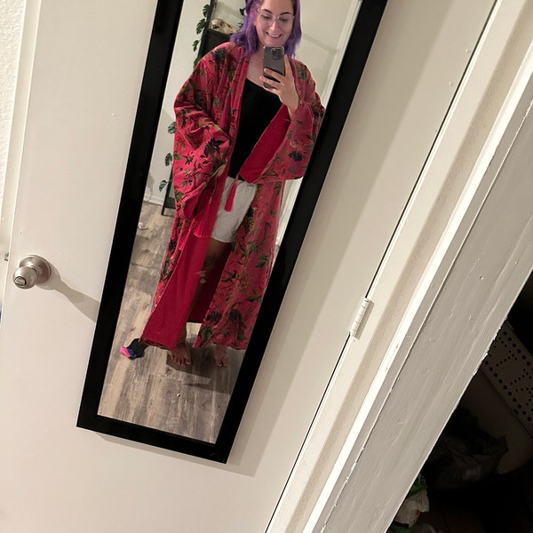 OFMD Pink Bird Velvet Banyan Fabric Kimono Cotton Velvet Robe Long ...