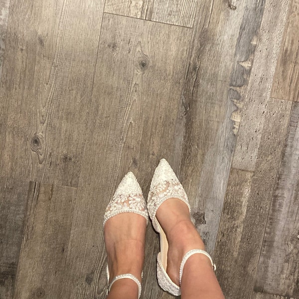 White Crochet Lace Pointy Toe Flats With MINI PEARLS, Women Wedding ...