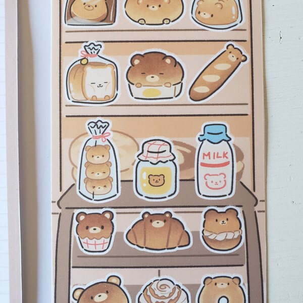 Bear Bakery Sticker Sheet • Kawaii Food • Hand Drawn • Glossy Stickers ...