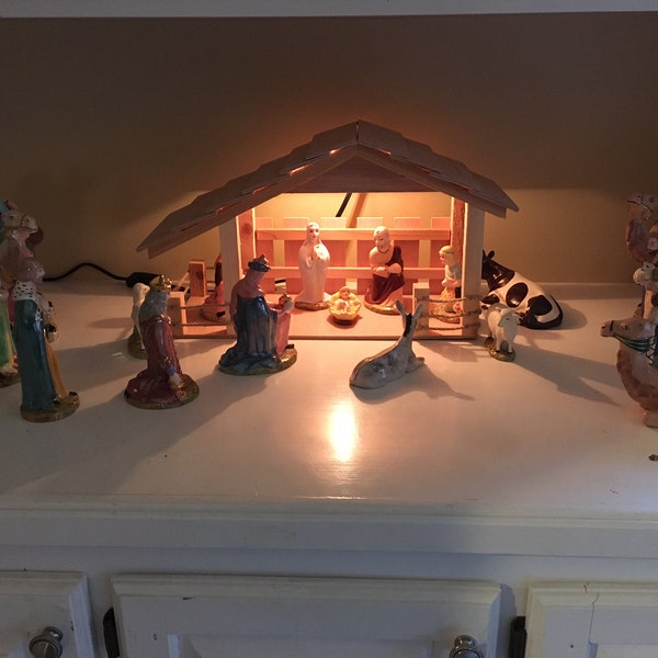 Handmade Wooden Christmas Nativity, Manger, Stable With Light. Rope ...