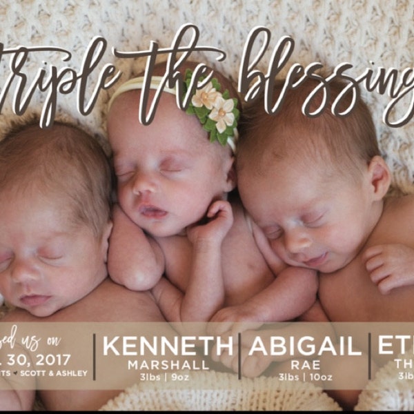 Triplet Birth Announcement, Triple the Blessings, Multiples ...