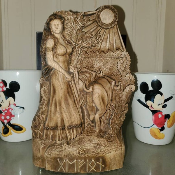 Gefjon Goddess Statue Altar, Norse Pagan , Wood Carving Gefjun, Home ...