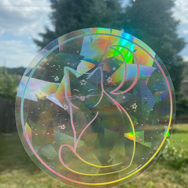 Cat Rainbow Maker Window Decal, Celestial Cat Suncatcher Decal, Cat ...