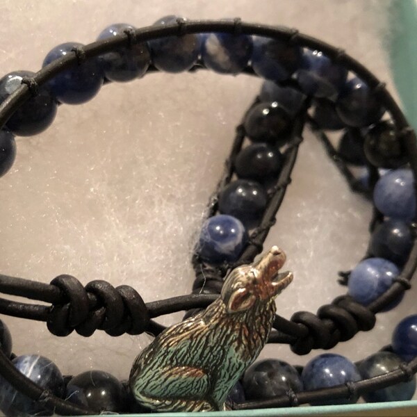 Wolf Leather Bracelet, Wolf Jewelry, Rainbow Obsidian Leather Wrap ...