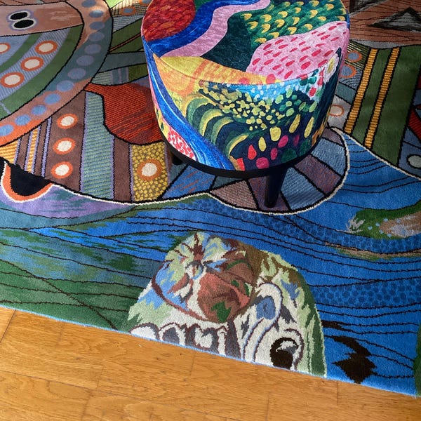 Colorful Round Pouf, Vanity Footstool, Wood Work Pouf, Artwork Pouf ...