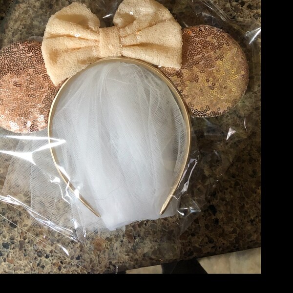 Bride Minnie Ears, Bride Mickey Ears With Veil , Rose Gold Bride Ears ...