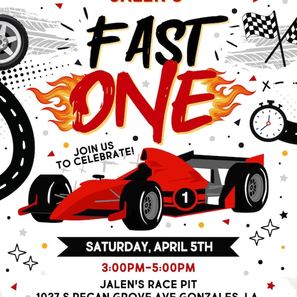 Fast One Birthday Invitation, Race Car Birthday Invite, Boy 1st ...