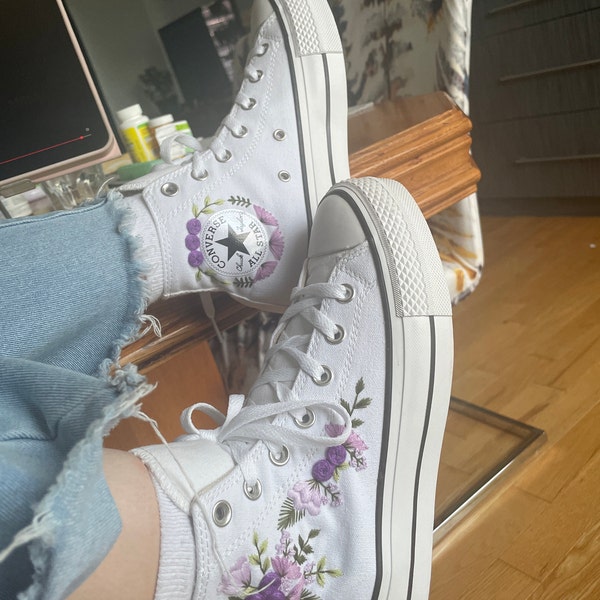 Custom Embroidered Converse High Tops, Purple Flowers Embroidered Shoes ...