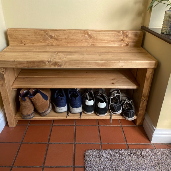Farmhouse Shoe Rack Boot Rack Bench Solid Chunky Wood Antique Wooden ...