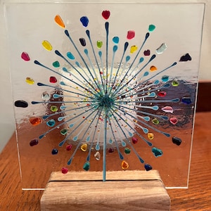 Whimsical Bright Rainbow Flowers Fused Glass Art Picture Sun Catcher & Wooden Display Stand - Etsy