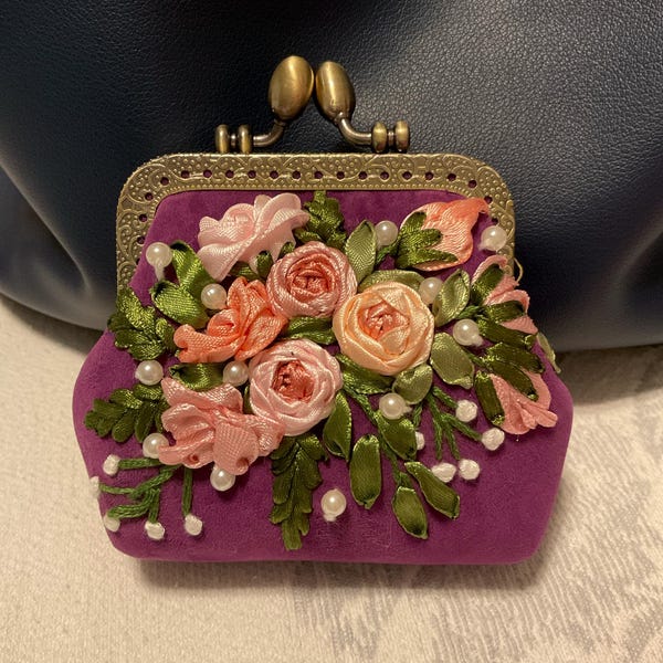 Ribbon Embroidered Coin Purse, Small Change Pouch With Flower Ribbon ...