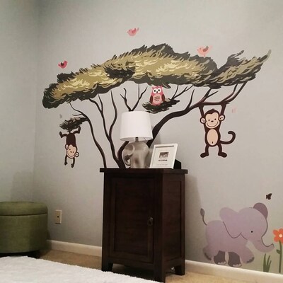 African Tree With Jungle Animals Wall Decal, Wall Stickers ...