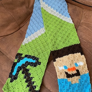 Crochet Pattern Minecraft Scarf, C2C Pattern Steve & Diamond Pickaxe ...