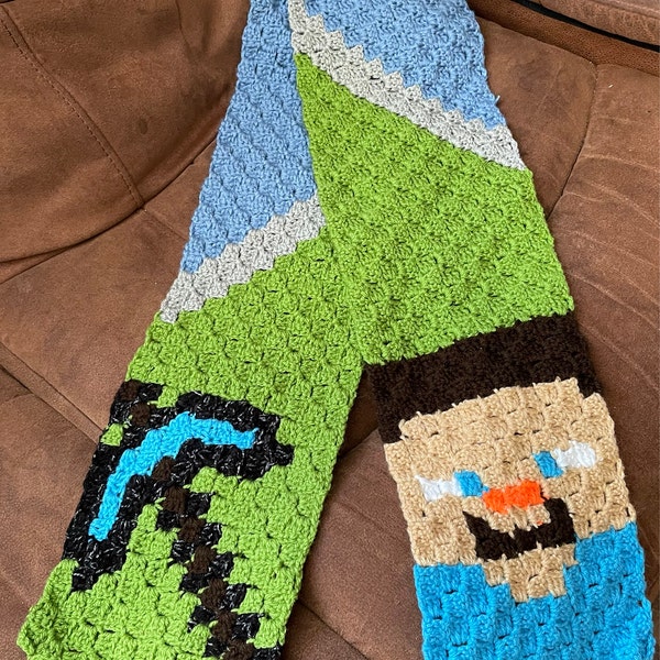 Crochet Pattern Minecraft Scarf, C2C Pattern Steve & Diamond Pickaxe ...