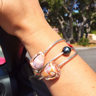 Sterling Silver Bangles, 1 Tahitian Pearl, 2 Hawaiian Shells, Hammered ...