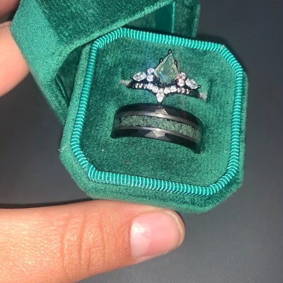 Green Moss Agate Ring Set His and Hers Wedding Band Black - Etsy
